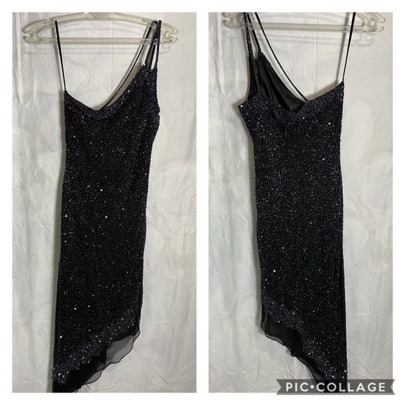 Scala | Dresses | Vintage Scala Black Blue Beaded Silk One Shoulder ...